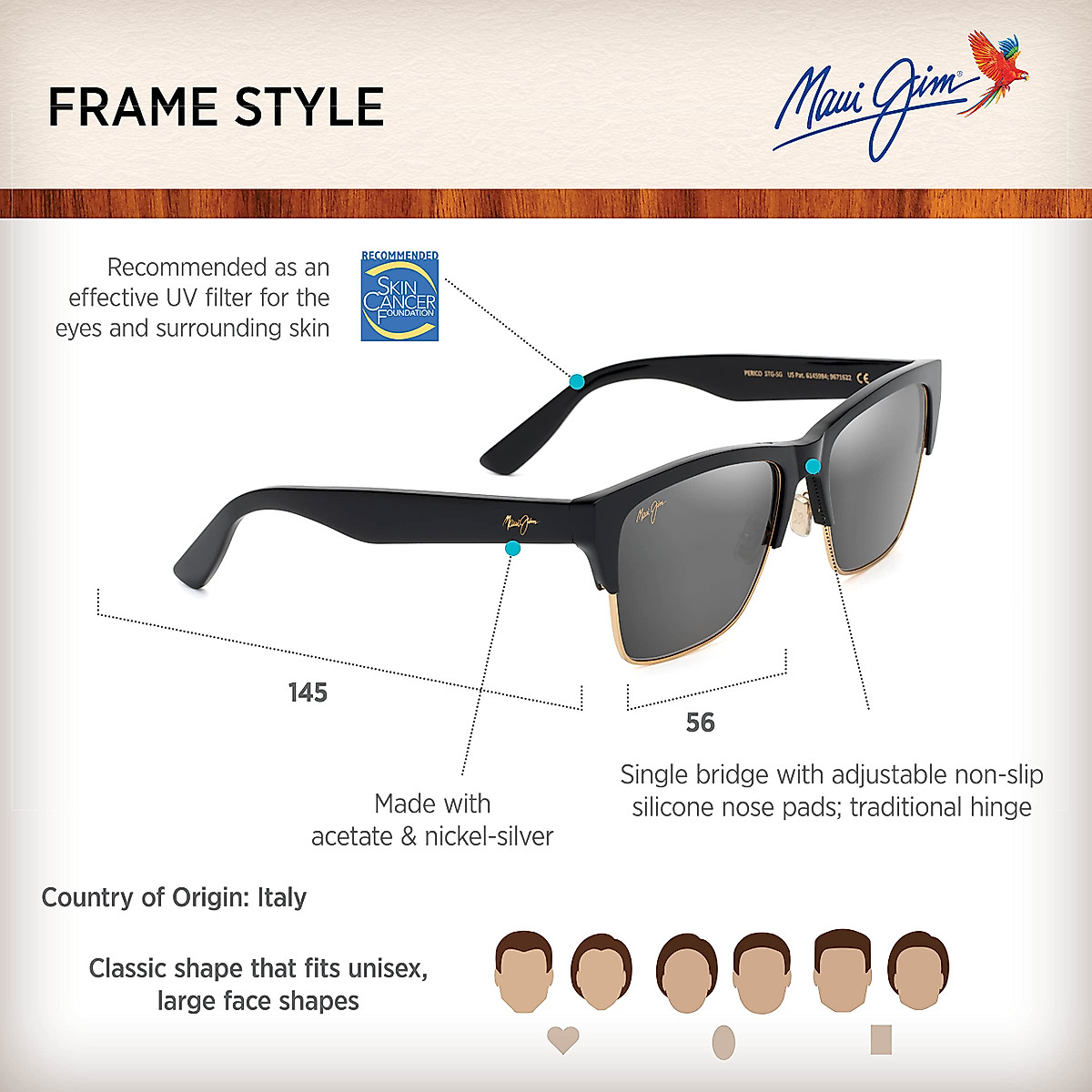 Maui Jim Men's and Women's Perico Polarized Classic Sunglasses, Black Gloss with Gold/Neutral Grey, Large