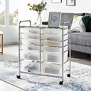 Utility Cart with 12 Drawers Rolling Multipurpose Movable Organizer Cart Storage Bin Trolley Tools Scrapbook Paper Organizer on Wheels(White)