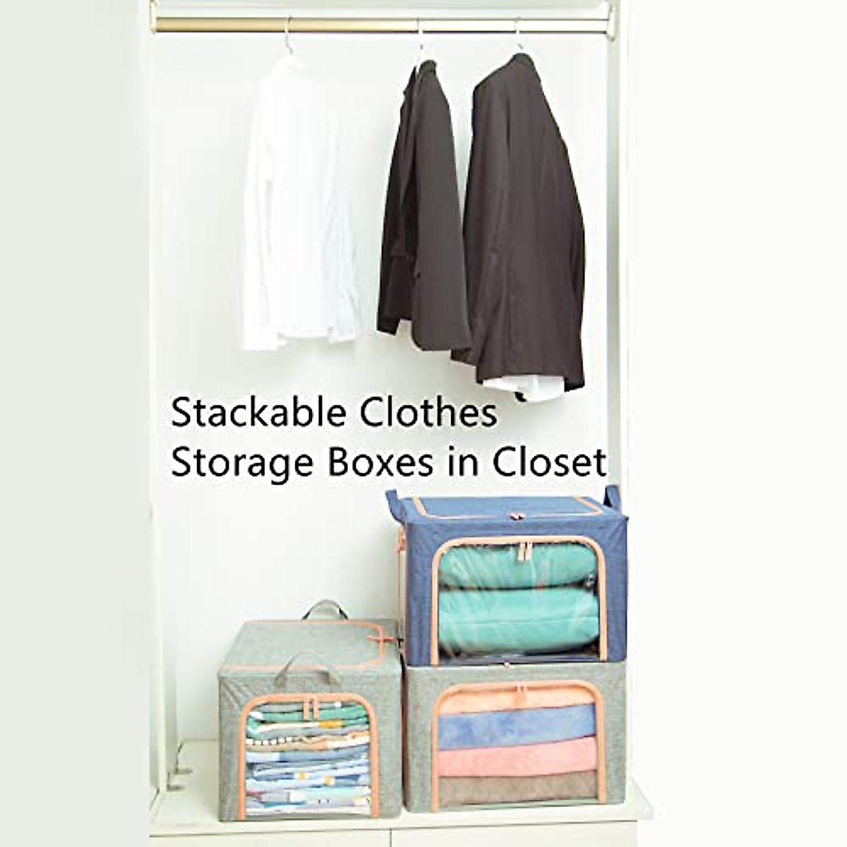 Tasmegol 4 Pack Stackable Steel Metal Frame Clothes Storage Bins Foldable Zipper Cloth Box Clothing Bags Large Clear Window Closet Containers Organizer for Bedding Sweater