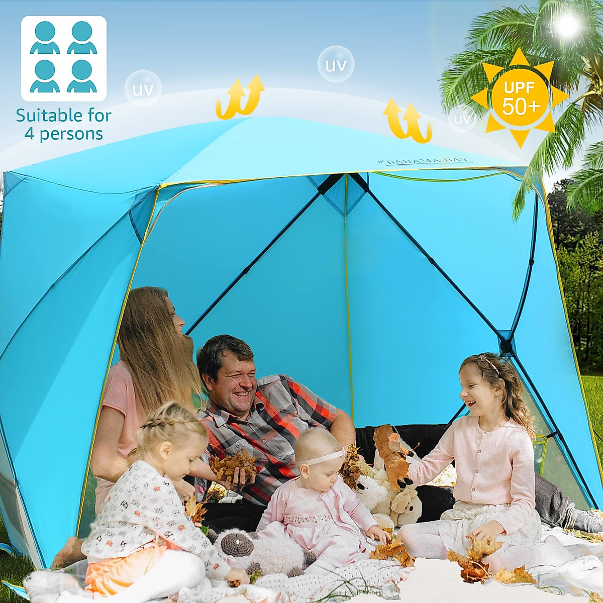 Old Bahama Bay Pop Up Beach Tent, Portable Shade Sun Shelter UPF50+ UV Protection for 4 Person Extendable Floor for Fishing Hiking Camping, Waterproof Windproof(Blue)