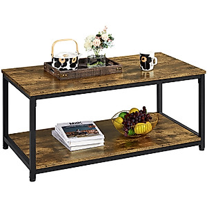 Yaheetech 2-Tier Coffee Table, Industrial Wood Coffee Table with Storage Shelf for Living Room, Rectangle Side End Table with Metal Frame, Rustic Brown
