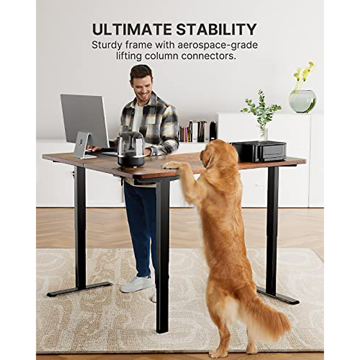 Marsail Corner Stand Up Desk Adjustable Height with 4-in 1 Electical Outlet, L Shaped Electric Standing Desk with Headphone Hook, Stand up Desk for Home Office Sturdy Writing Workstation Rustic