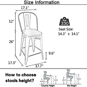 Aklaus Metal Bar Stools Set of 4,26 inch Barstools Counter Height Bar Stools with Backs Farmhouse Bar Stools with Larger seat High Back Kitchen Dining Chairs Modern Bar Chairs Matte Black Stool