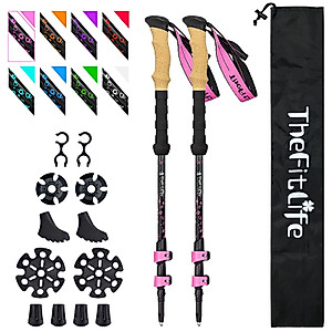 TheFitLife Carbon Fiber Trekking Poles – Collapsible and Telescopic Walking Sticks with Natural Cork Handle and Extended EVA Grips, Ultralight Nordic Hiking Poles for Backpacking Camping (Pink)