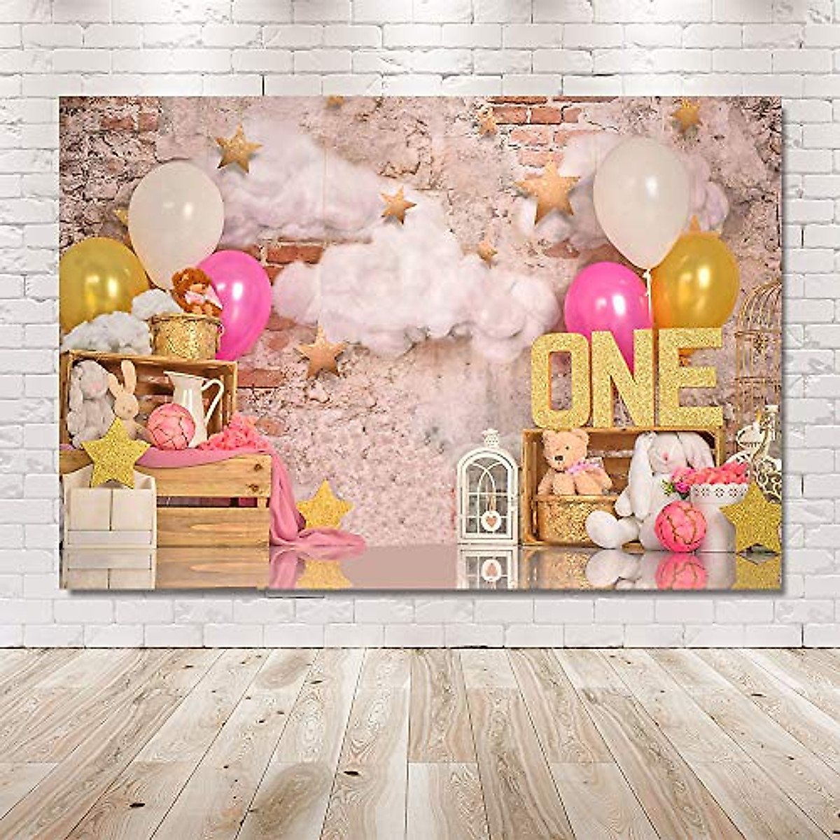 MEHOFOND 7x5ft Pink Gold Balloon Girl First Birthday Party Backdrops Sweet One Retro Brick Wall Cloud Gold Stars Photography Background Portrait Photo Studio Decoration Banner Props for Cake Smash