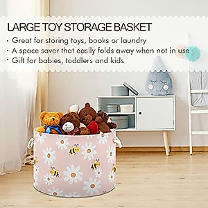 MNSRUU Storage Basket 20"x14" Daisy Flower and Bee Pink Round Storage Organizer Basket with Handles, Fabric Nursery Laundry Basket Large Capacity