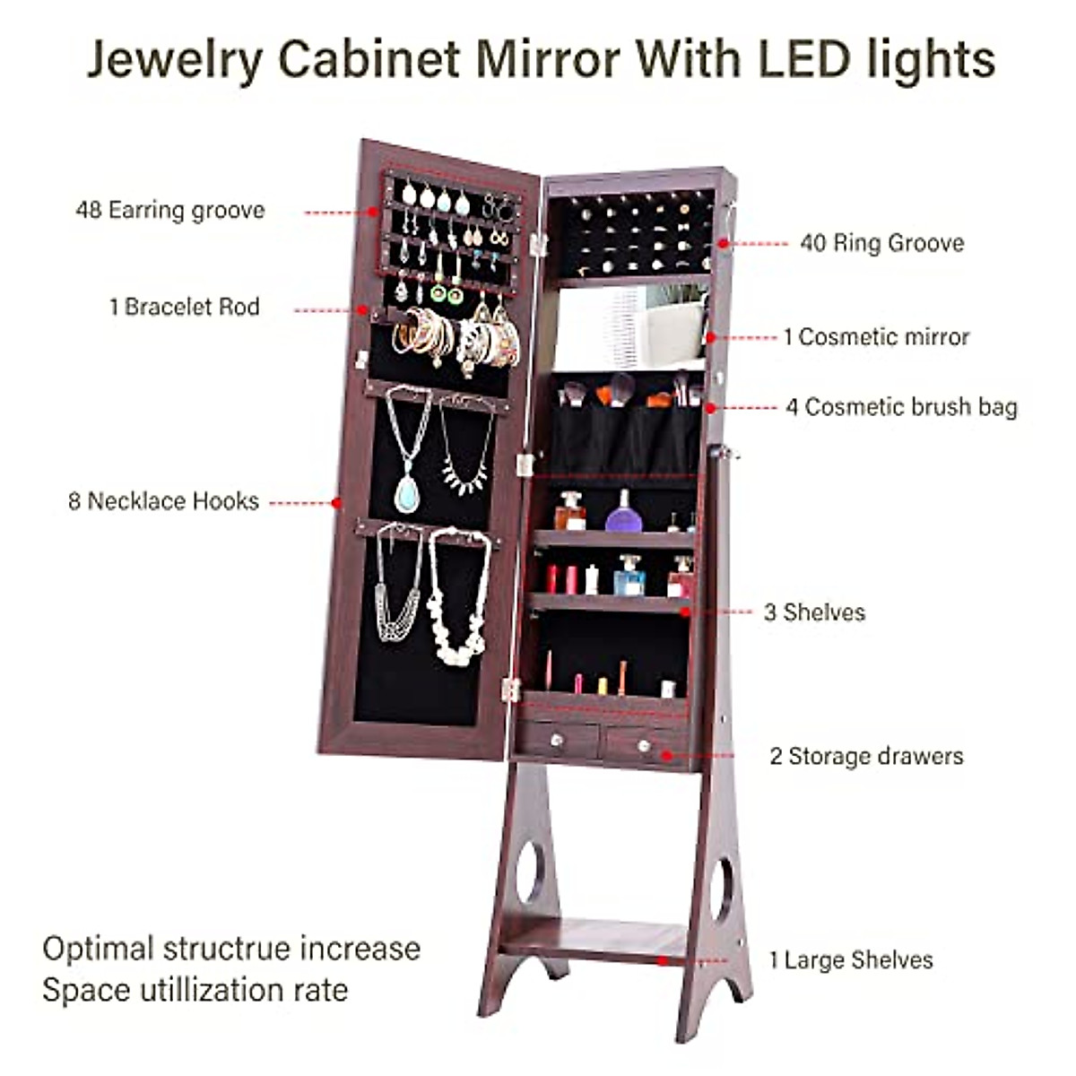 BOSTANA 6 Led Jewelry Cabinet Mirror Standing, Jewelry Organizer Touch Control & 4 Adjustable Angle,Full Length Mirror Jewelry Armoire With Storage Rack & Lockable Mirror For Livingroom,Gift