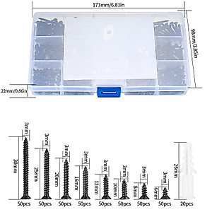 420 Pcs M3 Flat Head Wood Screws Assortment Kit, Phillips Drive Countersunk Head Self-Tapping Fasteners Screws, Carbon Steel Wood Screws, Contains 20 Pcs M6 Screw Anchors (Black)