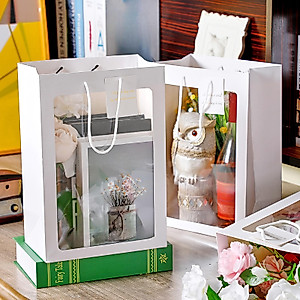 Yahenda 24 Pcs Clear Gift Bag with Window 13.8 x 9.8 x 5.9 Transparent Bouquet Gift Bags with Handle Graduation Paper Bags Paper Tote Flower Bags for Mother 's Day Graduation Wedding (White)