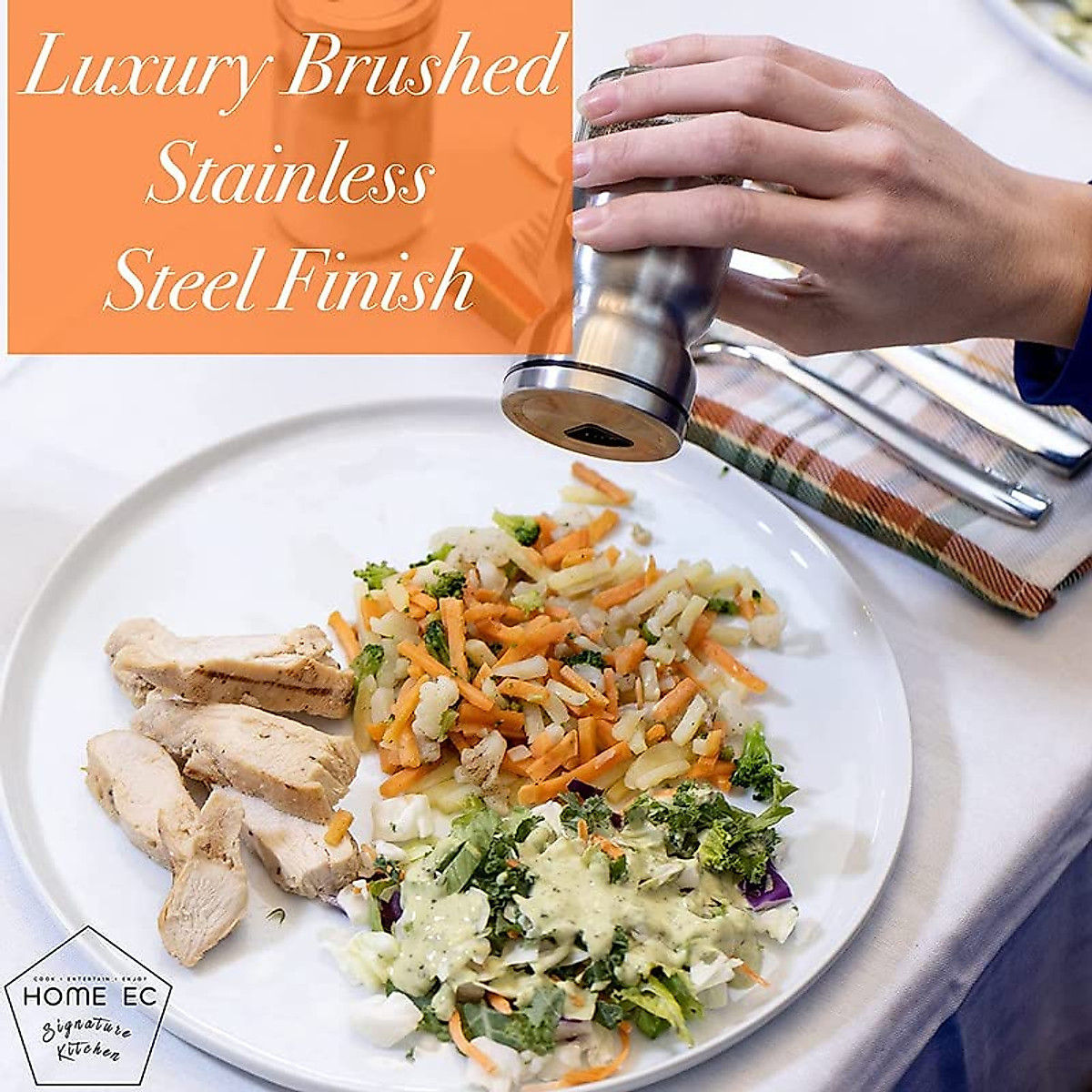 HOME EC Glass Salt and Pepper Shakers Set with Adjustable Pour Holes - Stainless Steel Salt Shaker and Pepper Shaker - Farmhouse Salt and Pepper Shaker Set for Himalayan, Kosher Sea Salts & Spices