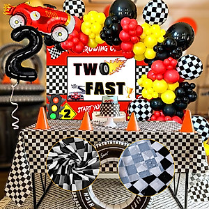 Two Fast Birthday Decorations, Racing Car Theme 2nd Birthday Party Decorations, Two Fast Cake Topper, Tablecloth, Balloons Garland, Two Fast Banner for Two Fast Two Curious Birthday Decorations
