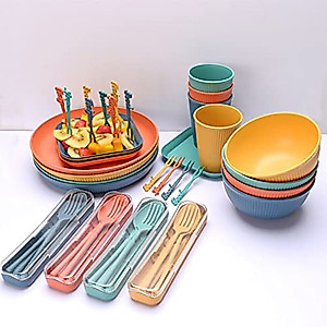 Lyellfe 44 Pieces Wheat Straw Dinnerware Sets, Unbreakable Camping Plates Cups and Bowls Set, Eco Friendly Lightweight Kitchen Dish with Knives, Forks, Spoons, Dishwasher Microwave Safe