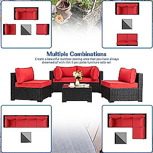 Shintenchi 5 Pieces Outdoor Patio Sectional Sofa Couch, Black PE Wicker Furniture Sets, Patio Conversation Sets with Washable Cushions Glass Coffee Table for Garden, Poolside, Backyard,Red