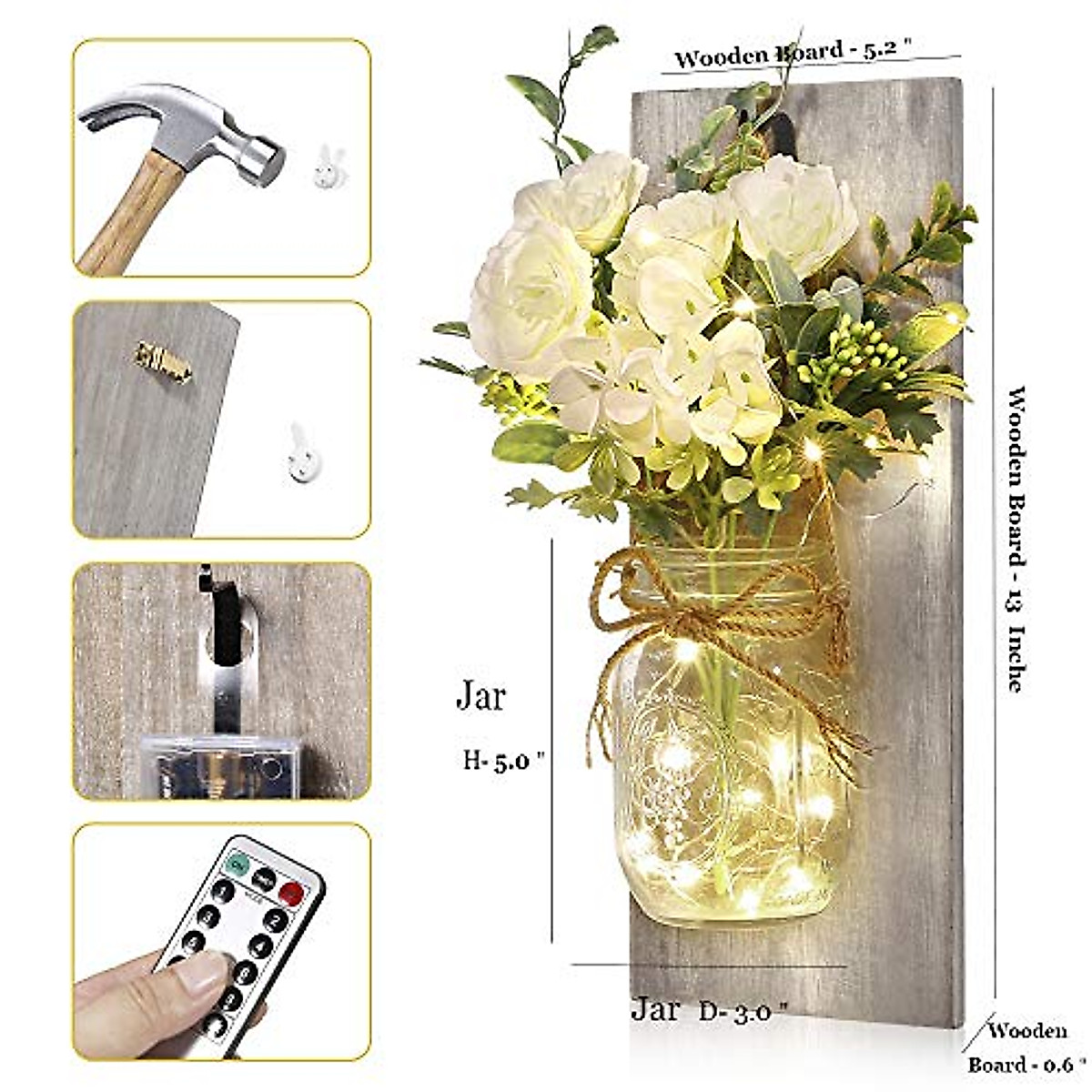 Wall Decor Mason Jar Sconces - Home Decor Wall Art Hanging Design with Remote Control LED Fairy Lights and White Rose, Farmhouse Wall Decorations for Bedroom Living Room Lights Set of Two