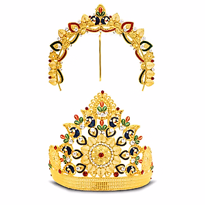 Vedic Vaani Elegant Navratri Goddesses Maa Navdurga Sherawali MATA Multicolour Gemstones Decorative Mukut/Crown/Handmade Designer Taj for Navdurga Festival, Puja, Goddess Idol/Statue