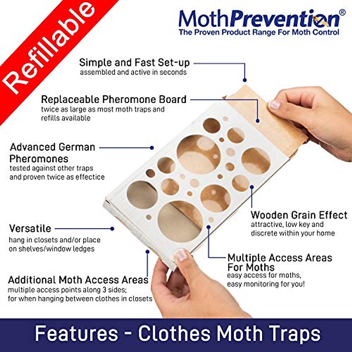 MothPrevention Powerful Clothes Moth Traps only for Clothes Closets Moths | Refillable Clothes Moth Trap | 3-Pack | Odor-Free & Natural Closet Clothing Moth Traps | Moth Pheromone Traps for House