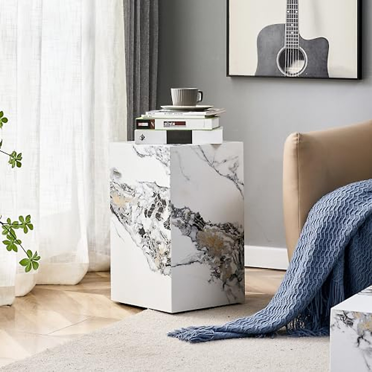 HESIEU Accent Table Side Table with Faux Marble Pattern Modern White Coffee Table Cube Stylish Accent Center Table Cocktail Table Marble Nightstand for Living Room Bedroom Office Dining Room