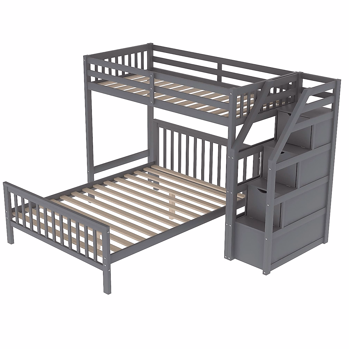 Harper & Bright Designs Gray Twin Over Full Bunk Beds with Staircase, Wooden L Shaped Bunk Beds for Kids, Twin Size Loft Bed with Storage Drawers and Full Platform Bed, No Box Spring Needed (Gray)
