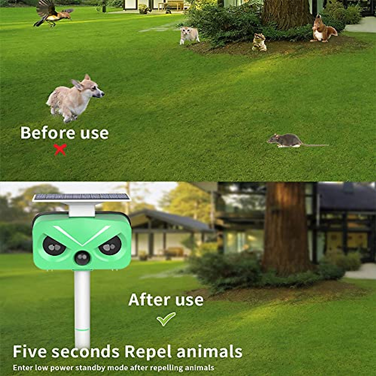 Ultrasonic Animal Repeller, Ultrasonic Solar Pest Repeller Outdoor with Motion Sensor and Sound,Waterproof Device for Garden, Farm, Yard, Dogs, Cats, Birds and More