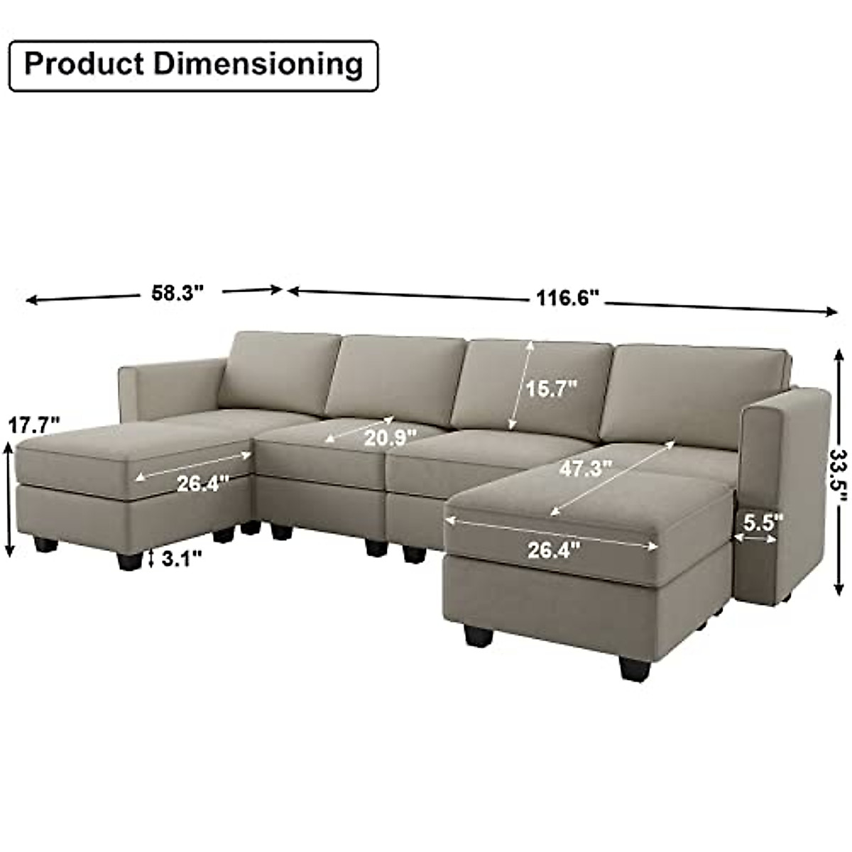 Belffin Modular Sectional Sofa with Reversible Chaises Velvet U Shaped Sectional Couch with Storage Seat Grey