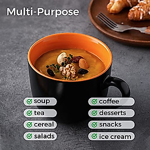 GBHOME Jumbo Soup Mugs with Handles, 24 Oz Large Coffee Mugs Set of 4, Ceramic Soup bowls for Coffee,Cereal,Snacks,Salad,Noodles etc Soup Cups,Microwave&Dishwasher safe-Matte Black, Colorful Inside