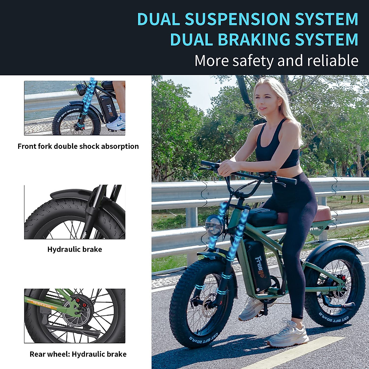 Freego Electric Bike for Adults, 1200W/48V/20Ah, 20"x 4" Fat Tires Off Road Electric Bicycle with Removable Battery, 31MPH & 40 Miles Long Range Ebike UL Certified,DK200 Pro with Two Seats