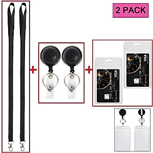 YOUOWO Lanyard Black Retractable Badge Reel with ID Badge Holder with Badge Reel Clip for id Card Badges Holders Vertical Punched Zipper Waterproof 2 Pack
