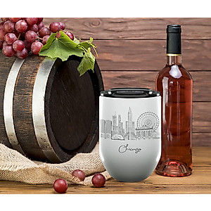 Chicago Illinois Gifts and Souvenirs - 12 Oz Insulated Wine Tumbler with Lid - Chicago College Graduation Gifts - Unique Drinkware - USA Long Distance Gifts for Her