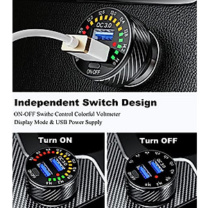 Car Charger, BRCOVAN Dual QC3.0 Port USB Car Charger Adapter, 36W 3A Fast Charge Car Phone Charger with Colorful Voltmeter & ON/Off Switch