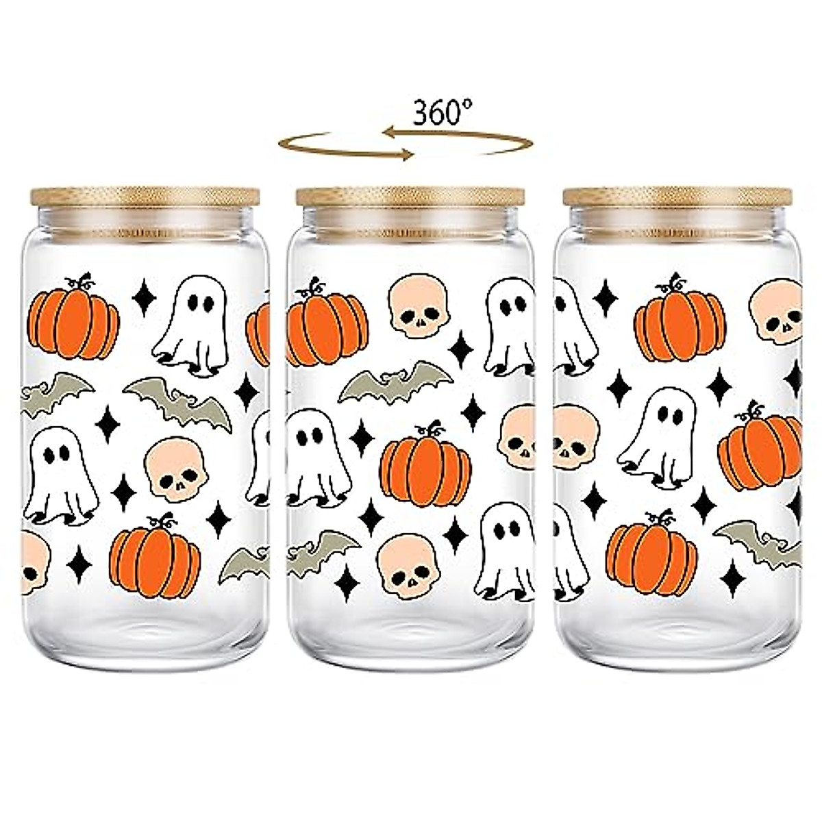 Coolife Halloween Pumpkin Ghost Skull Cups - 16 oz Pumpkins Fall Cup Mug, Can Shaped Tumbler Glass Cups w/Bamboo Lids Straws, Halloween Spooky Cups for Iced Coffee Smoothie, Goth Spooky Gifts for Her
