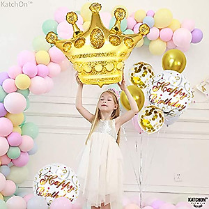 KatchOn, Gold Happy Birthday Balloon Set - 30 Inch, Pack of 7 | Crown Balloons Gold, Gold Confetti Balloons for Birthday Party | Gold Happy Birthday Printed Balloons, Queen Birthday Party Decorations