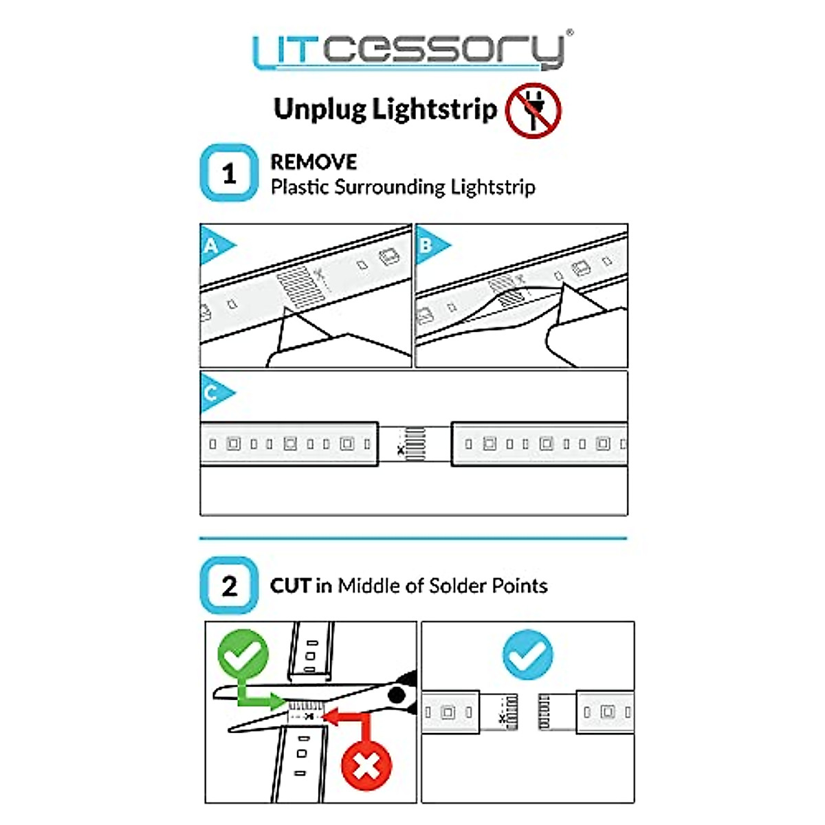 Litcessory 6-Pin to Cut-End Extension Connector for Philips Hue Lightstrip Plus (2in, 4 Pack, White - Standard 6-PIN V3)