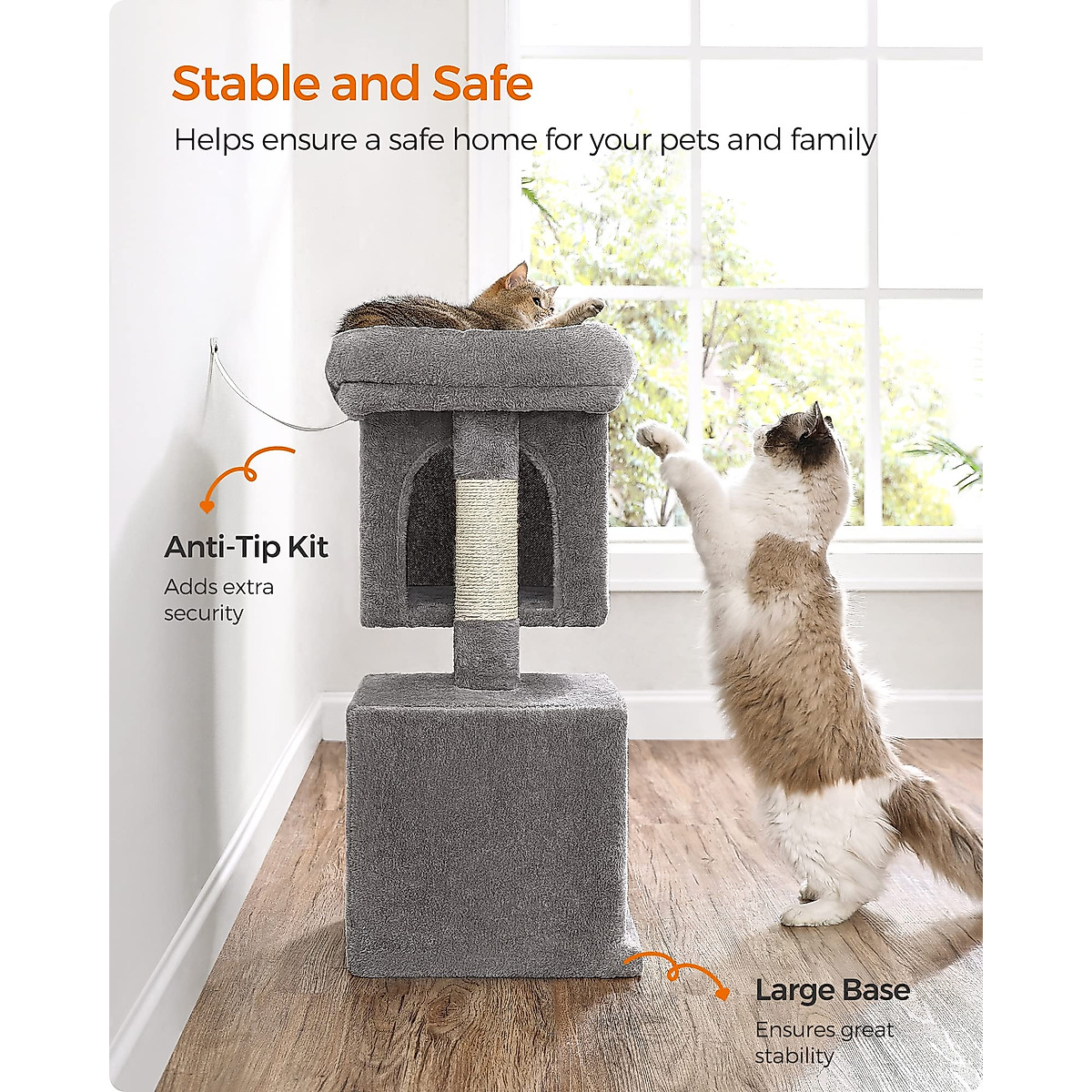 Feandrea Cat Tree, 29.1-Inch Cat Tower, M, Cat Condo for Medium Cats up to 11 lb, Large Cat Perch, 2 Cat Caves, Scratching Post, Light Gray UPCT612W01