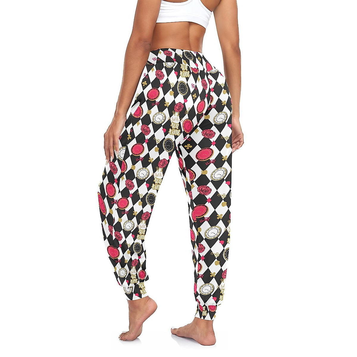 Fustylead Alice Chess Board Women's Smocked Waist Yoga Boho Harem Pants Joggers Athletic Pants