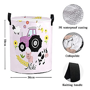Cute Pink Farm Animals Tractor Laundry Basket Personalized with Name Laundry Hamper with Handle Organizer Storage Bin Bedroom Decor for Boys Girls Adults