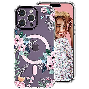 YeLoveHaw Designed for iPhone 14 Pro Max Magnetic Case for Women Girls, Rose Floral & Green Leaves Pattern [Compatible with MagSafe] Slim Hard Protective Clear Cover for iPhone 14ProMax (Pink Flower)