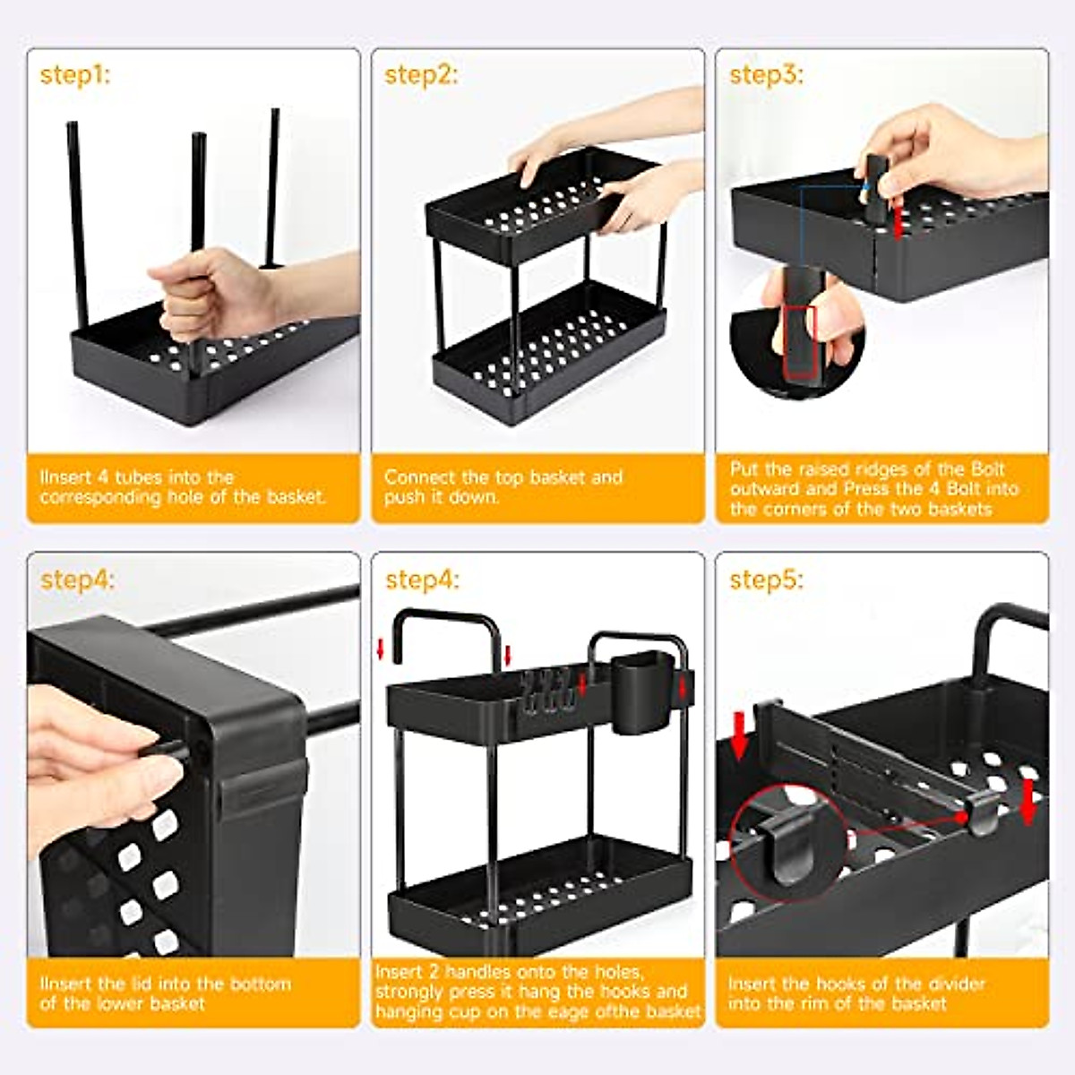 3 Pack Under Sink Organizers And Storage With Dividers,2-Tier Bathroom Organizer Under Sink,Kitchen Organization,Cabinet Organizer With Hooks,Hanging Cup,Dividers,Handles