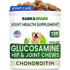 BARK&SPARK Glucosamine Chondroitin Dog Hip & Joint Supplement - Joint Pain Relief - Hip & Joint Chews - Joint Support Large Small Breed - Senior Doggie Vitamin Pill Joint Health (120 Treats - Bacon)