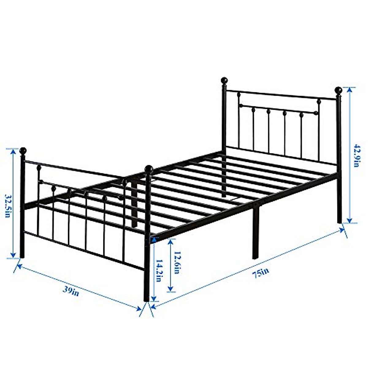 VECELO Twin Size Metal Platform Bed Frame with Headboard and Footboard, Heavy Duty Slat Support/No Box Spring Needed Mattress Foundation/Underbed Storage Space, Victorian Style, Black