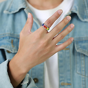 ANIEJUFI Stainless Steel Rainbow LGBT Spinner Ring Gay Lesbians Pride Jewelry Fidget Band Rings for Men Women Silver Size 12
