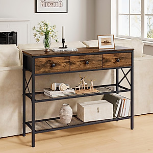 FAVOOSTY Narrow Console Table with 3 Fabric Drawers-39.8" Industrial Entryway Table with 3-Tier Storage Shelves, Thin Sofa Table for Living Room, Hallway, Entry Way, Foyer, Kitchen, Rustic Brown&Black