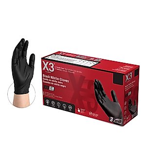 X3 Black Nitrile Disposable Industrial Gloves, 3 Mil, Latex/Powder-Free, Food-Safe, Non-Sterile, Textured, Small, Box of 100