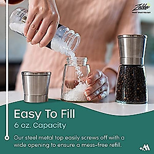 Modetro Salt and Pepper Shakers Set 6 oz Each Adjustable Coarseness Pepper Grinder Mill for Sea Salt Spice Stainless Steel Glass 2 Pack
