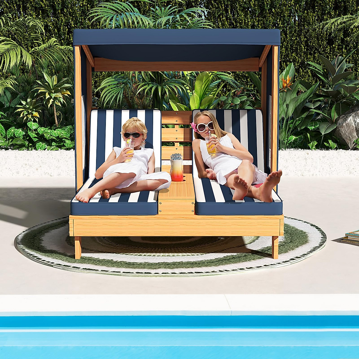 Costzon Kids Lounge Chair Outdoor, Wood Double Seat Chaise Lounge with Canopy, Cup Holders, Cushion, Backrest Recliner, Kids Patio Furniture, Gift for Boys Girls 3-8 Years Old