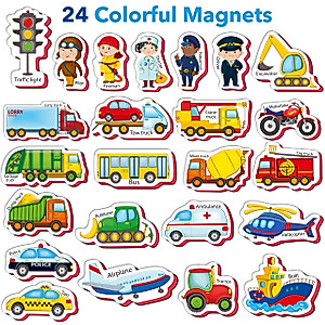 Little World Large Set of 24 Foam Fridge Magnets for Toddlers 1-3 - Refrigerator Magnets for Kids – Baby Magnets for Refrigerator 1 Year Old - Magnetic Vehicles for Toddlers 1-2 - Child Safe Magnets