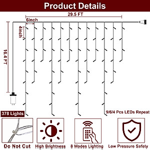 ZOFUNNY 378 LED Christmas Icicle Lights Decor Outdoor, 29.5 Ft 8 Modes 60 Drops Fairy String Curtain Lights Dripping Ice Cycle Lights Xmas Decor Indoor Home Eave Window Holiday Garden (Warm White)