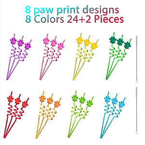 24 Paw Birthday Party Supplies Paw Print Drinking Straws with 2 PCS Straws Patrol Cleaning Brush for Pet Dog Puppy Pals Cat Birthday Decorations Favors
