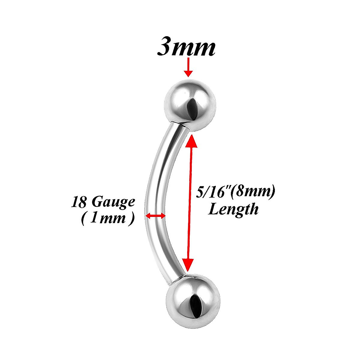 bodyjewellery 4pcs 18g curved banana barbell Surgical Steel Rook Conch Labret Helix Lip Ring Tragus Eyebrow Cartilage 3mm Balls BBFC