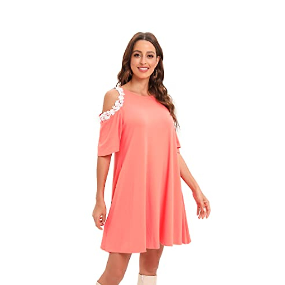 Aofur Summer Cotton Lace Dress Ladies 2023 Cold Sleeve Casual Plus Size S-XXXL Sundress Women Solid Elegant Party Dress(XX-Large,Light Red)