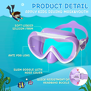 Kids Swim Mask 180° Snorkel Diving Mask, Anti-Fog Child Swim Goggles with Nose Cover No-Leak Swimming Goggles Anti-Shattered Lens for Youth 4-15 (Purple)